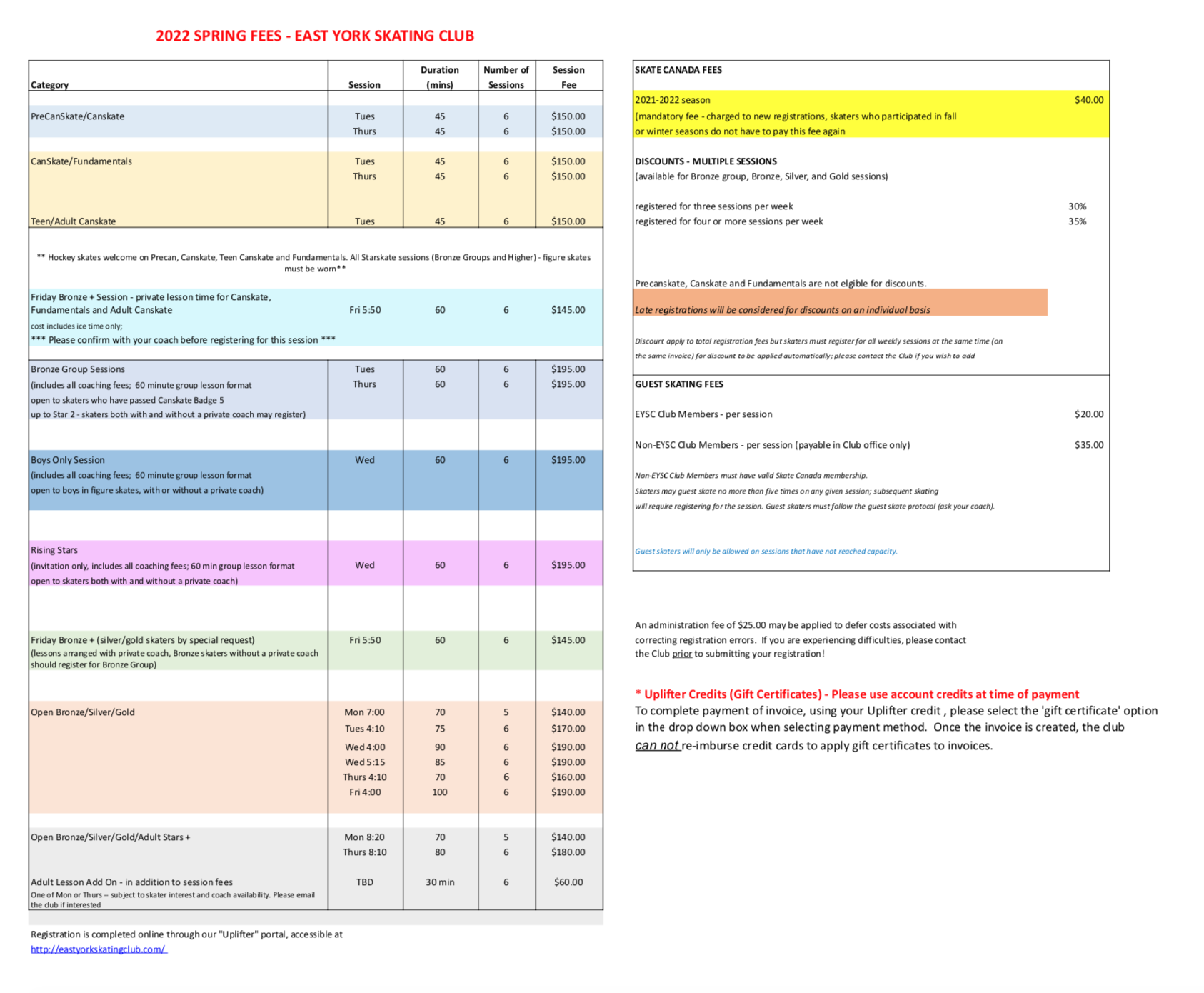 Spring 2022 Pricing :: Program Registrations - EYSC